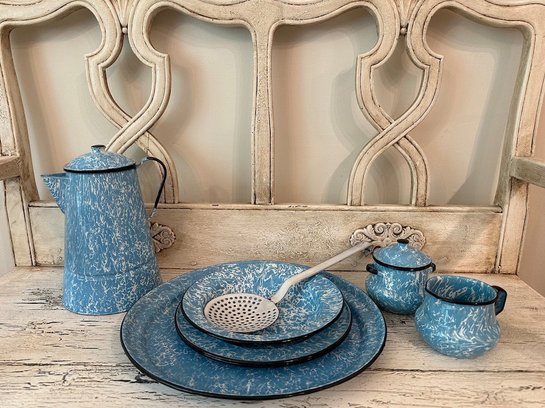 Farmhouse Blue and White Enamel Breakfast Set - Rustic Enamel Serving ...