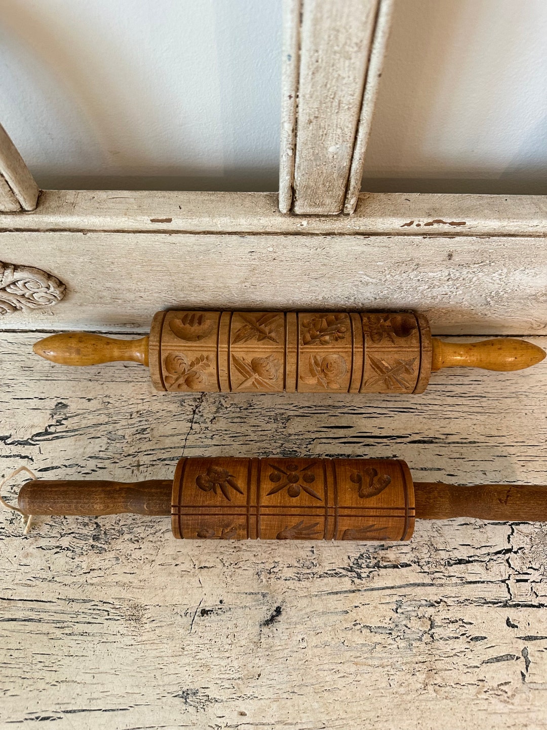 Two Vintage Carved Wooden Rolling Pins for Springerle, Shortbread ...