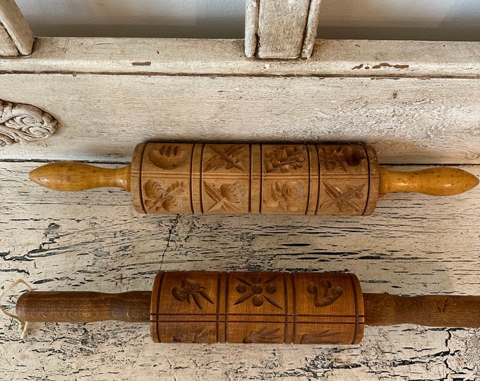 Two Vintage Carved Wooden Rolling Pins for Springerle, Shortbread ...