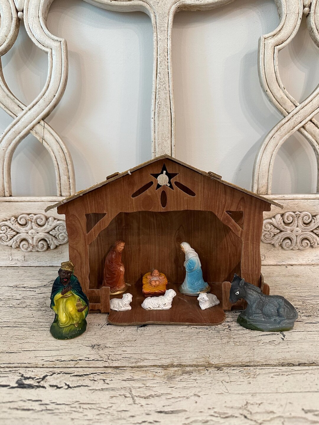 Vintage Nativity Set - Rustic and Retro - Cardboard Manger With Plastic ...