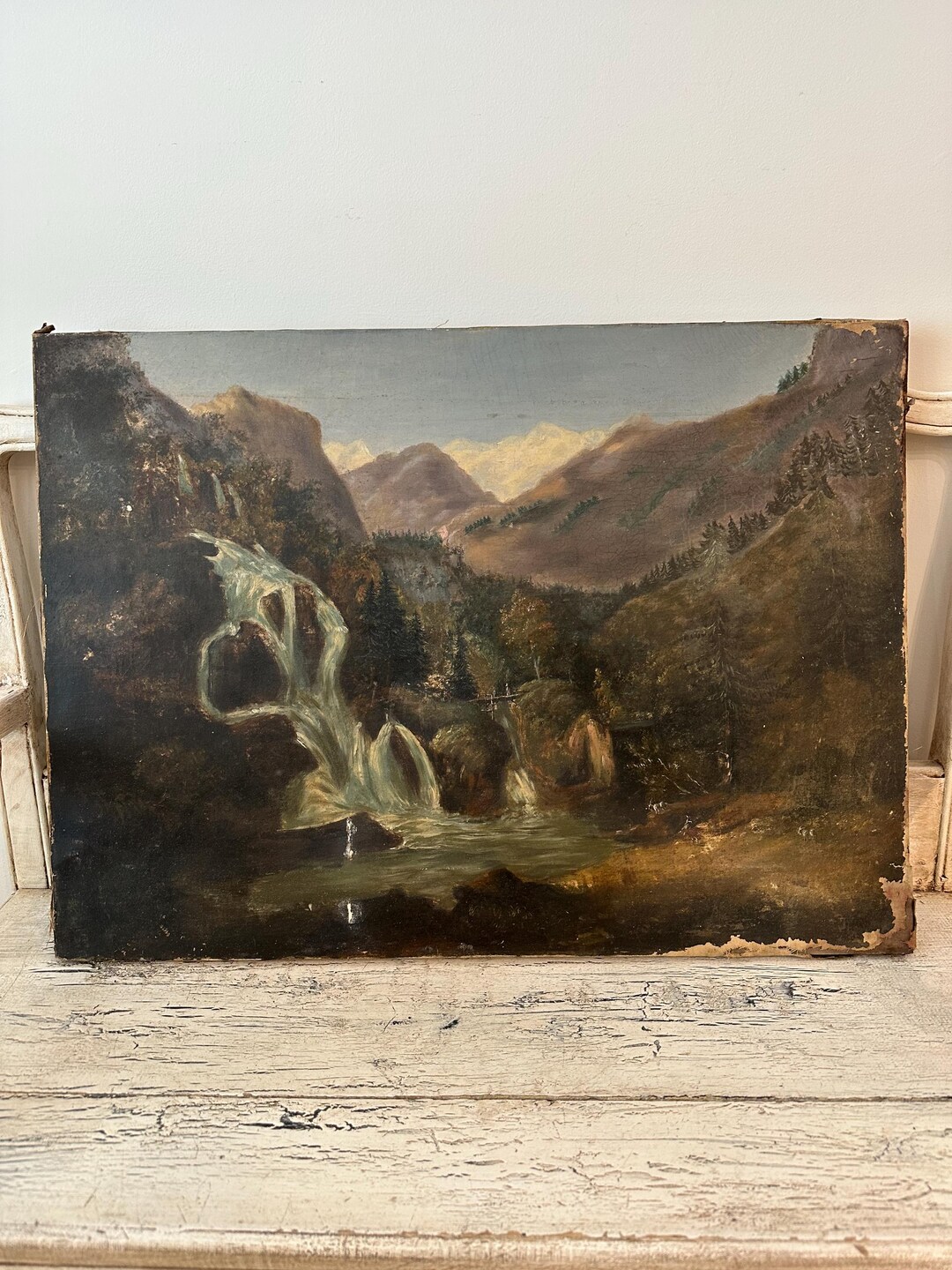Vintage Distressed Landscape Painting From 1920's - Oil on Canvas ...