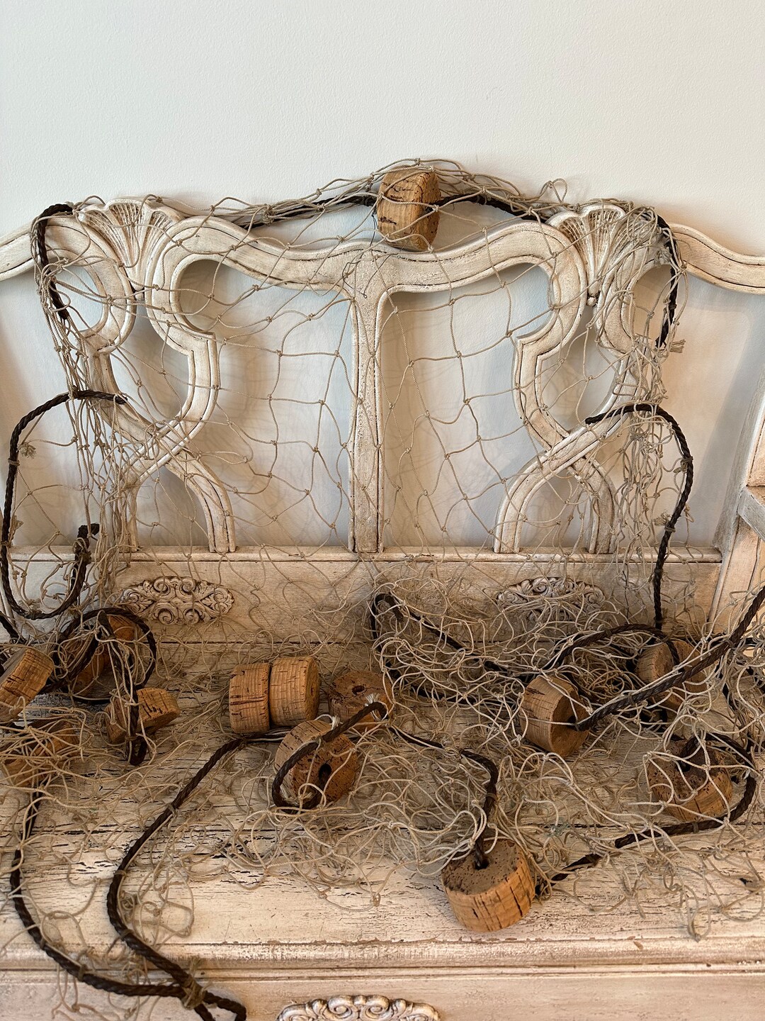 Vintage Fishing Net With Cork Floats Rustic Knotted Rope Net 6 X 5 Gear ...