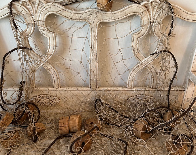 Vintage Fishing Net With Cork Floats - Rustic Knotted Rope Net - 6 X 5 ...