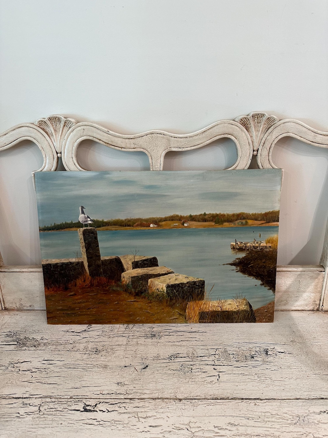 Vintage Landscape Painting - Fall River With Gull - Signed Folk Art ...