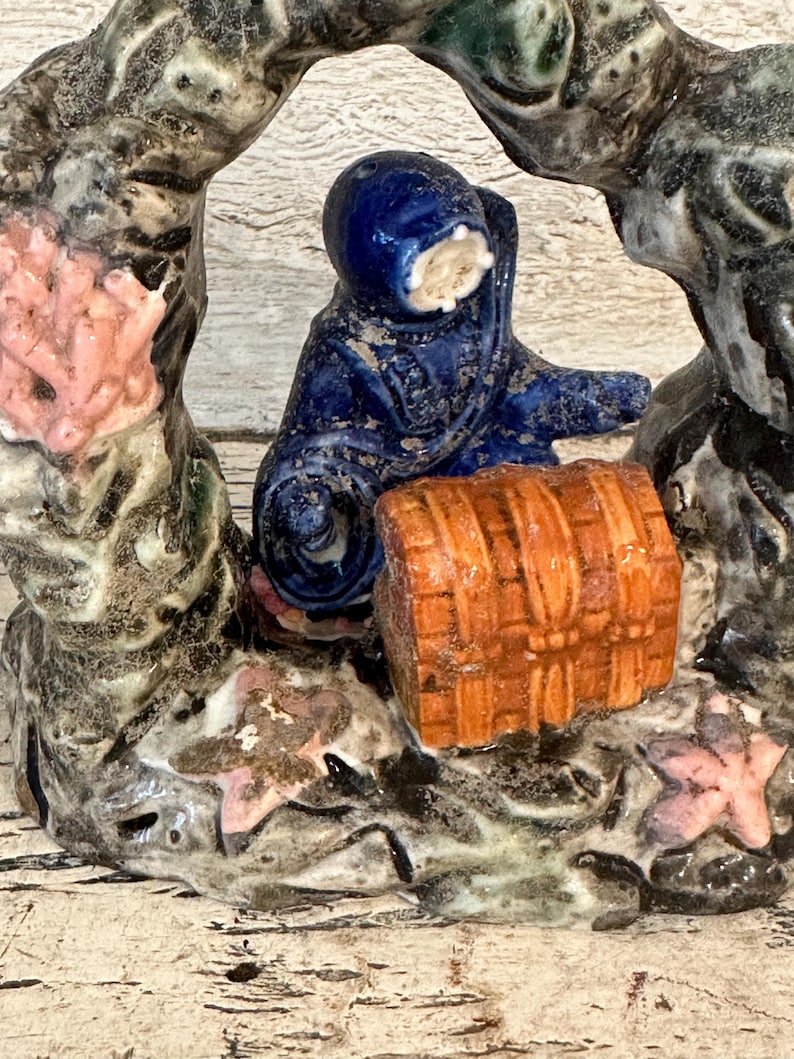 Vintage Aquarium Decoration - Scuba Diver With Treasure Chest - Ceramic ...