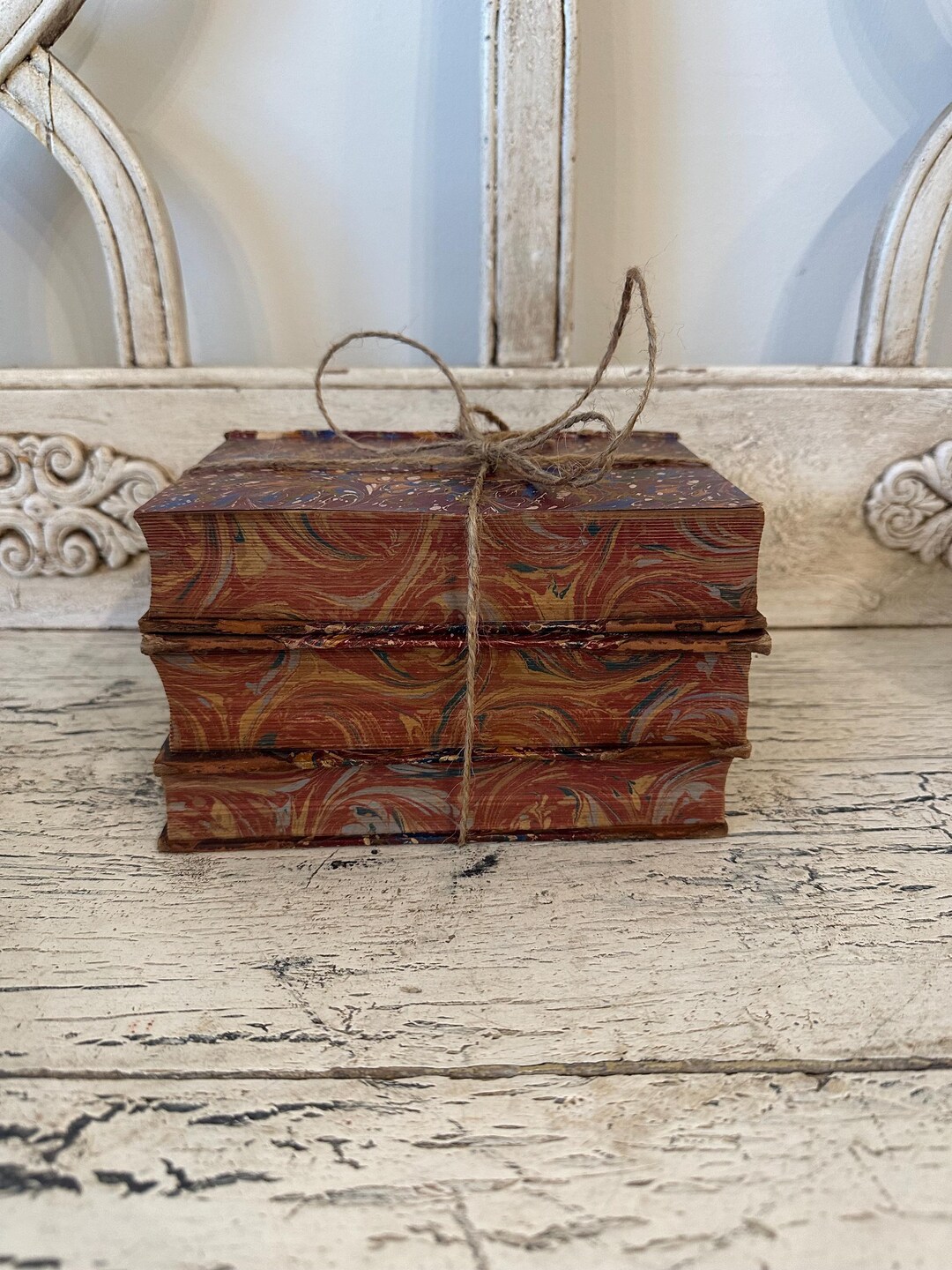 Farmhouse Tattered Leather Book Stack - Marbled Pages - Rustic Home ...