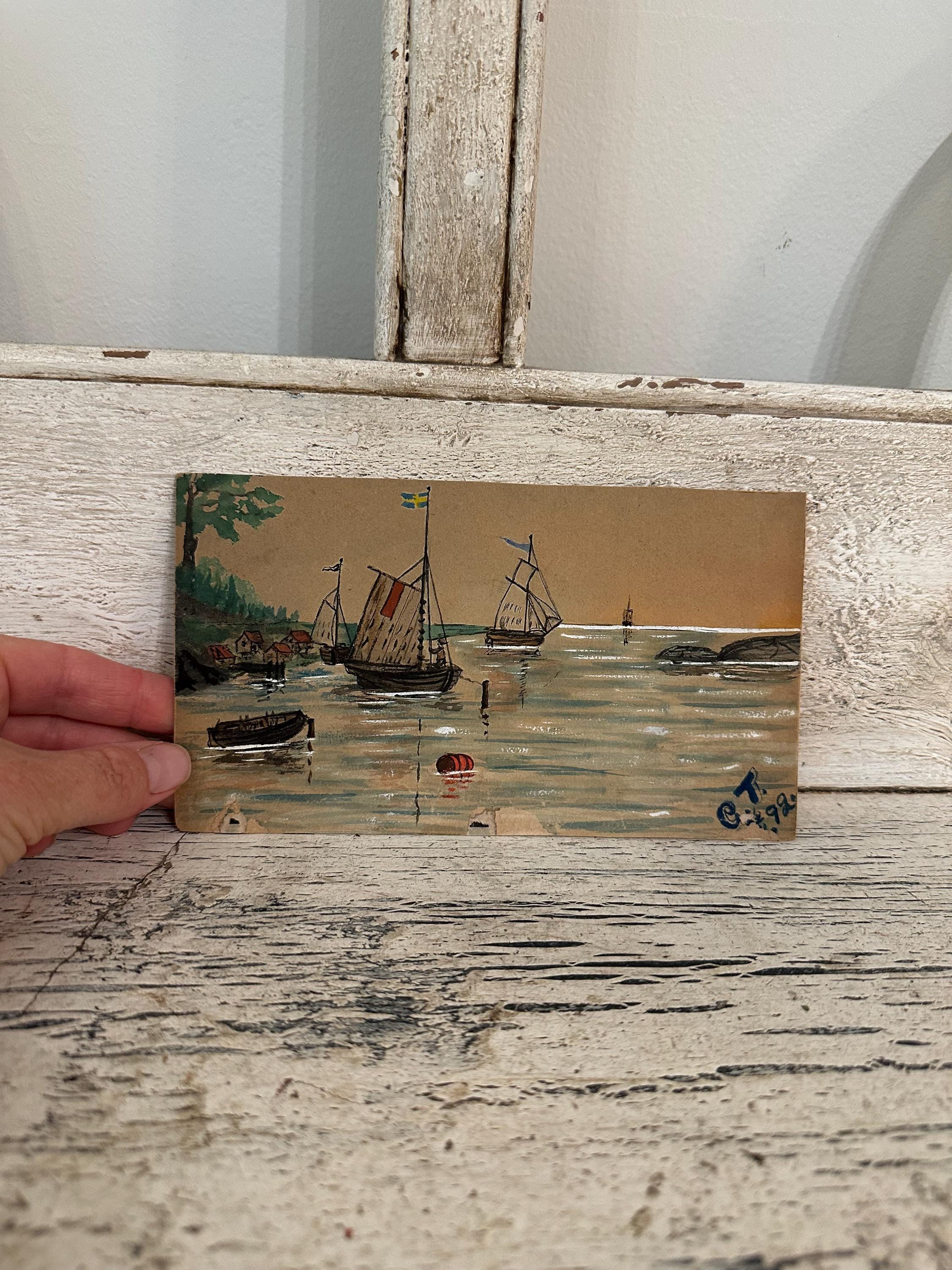 Small, Antique Watercolor Color Painting - Pretty Nautical Painting ...