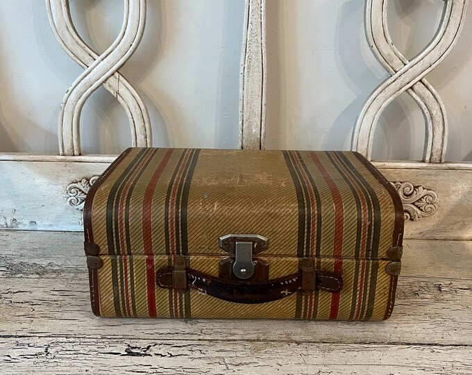 Vintage Brown Striped Suitcase - Weekend or Overnight Sized ...