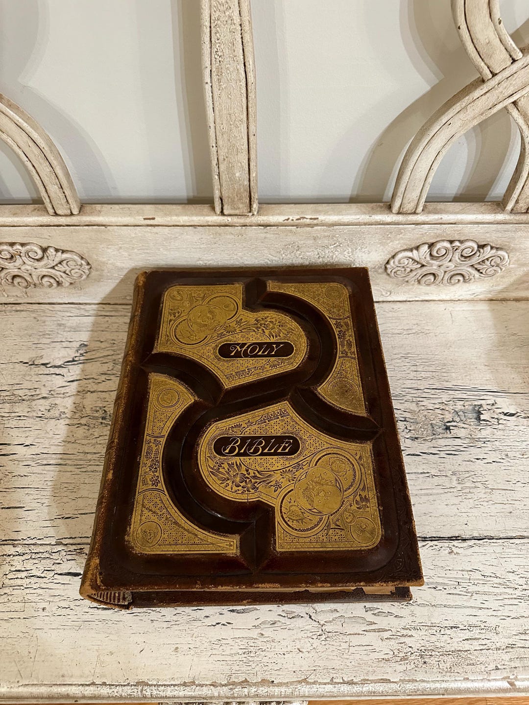 Antique Victorian Era Bible - Ornate Brown Leather Embossed Cover ...