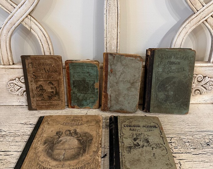 Antique, Distressed Classroom Books - School Reading, Math, Geography ...