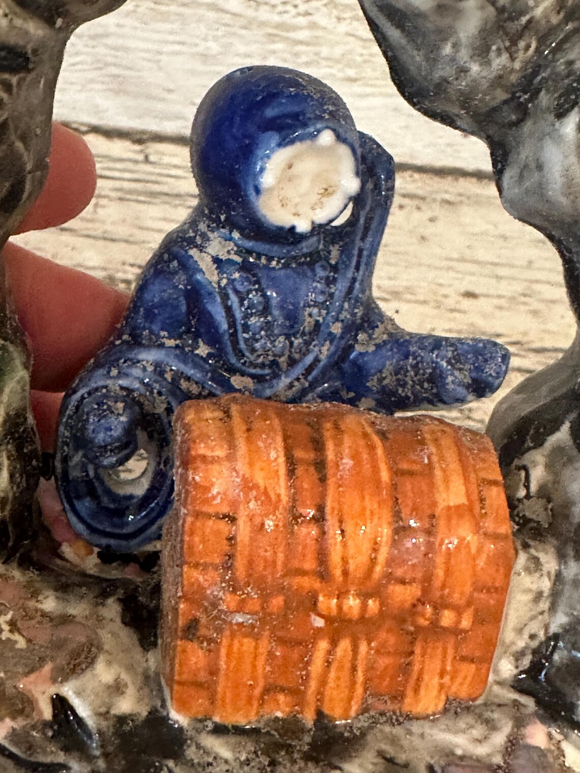 Vintage Aquarium Decoration - Scuba Diver With Treasure Chest - Ceramic ...