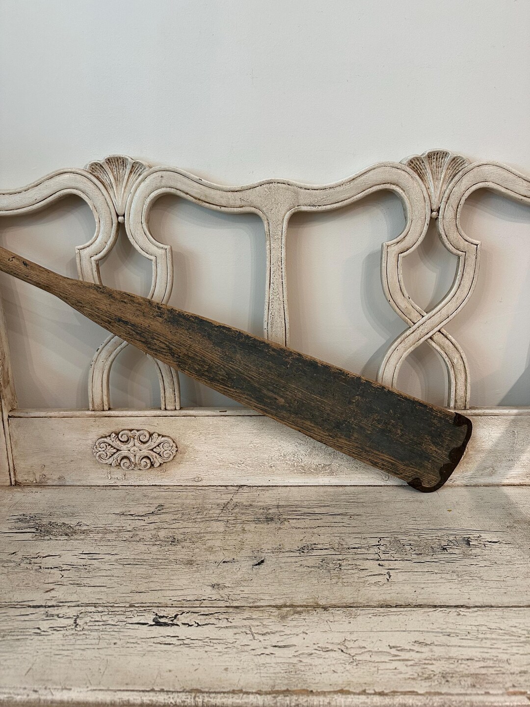 Antique Wooden Boat Oar - Copper Rimmed With Leather - Rustic ...