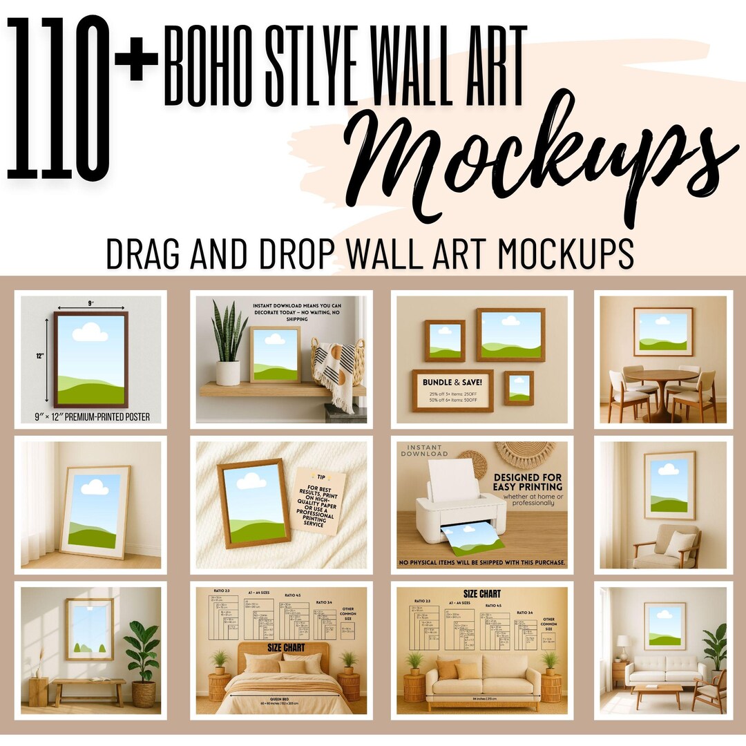 110+ Boho Wall Art Mockups, Boho Style Frame Mockup Bundle, Mid Century ...