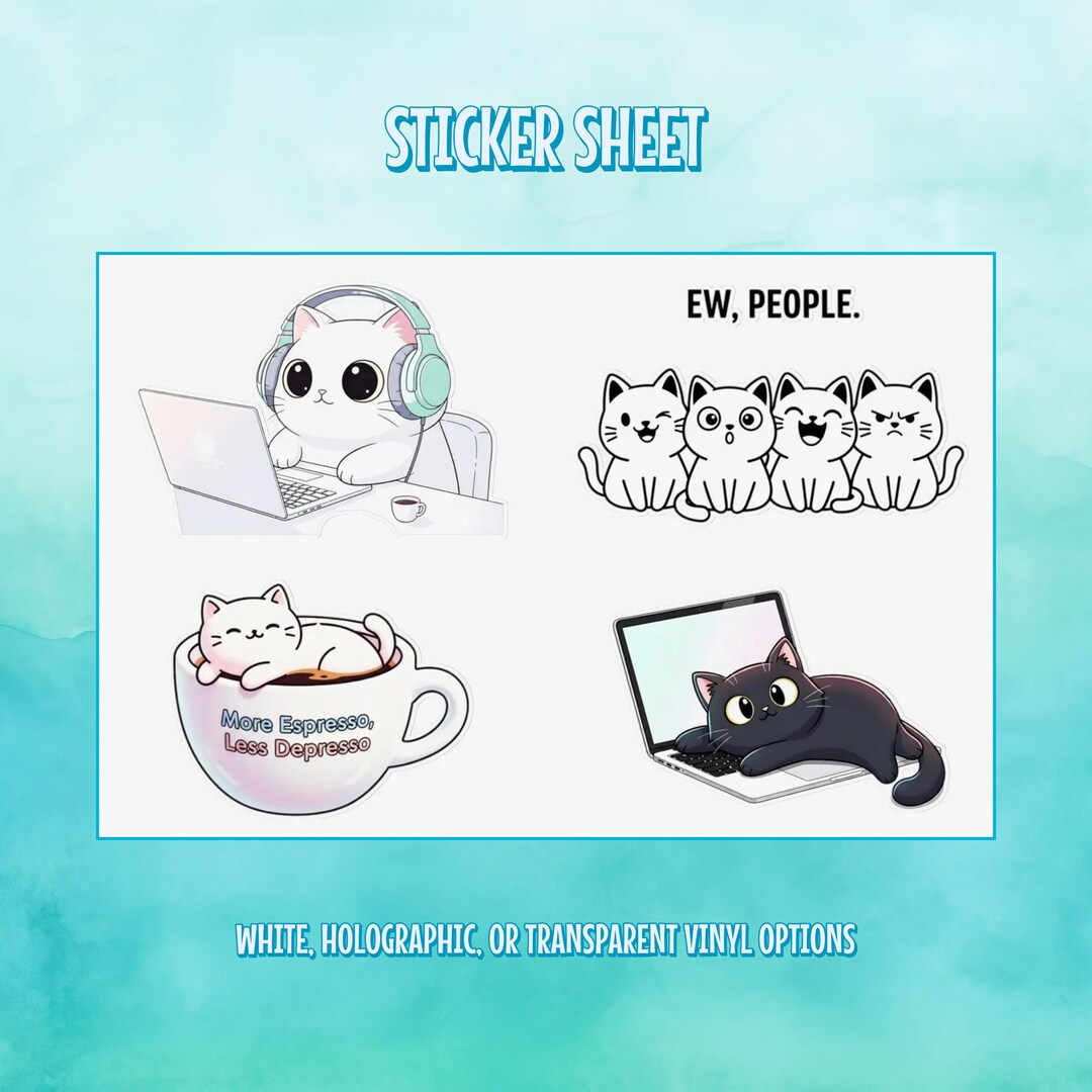 Kawaii Cat Laptop Sticker Sheet | Funny Tea Cup Cats, Planner Stickers ...