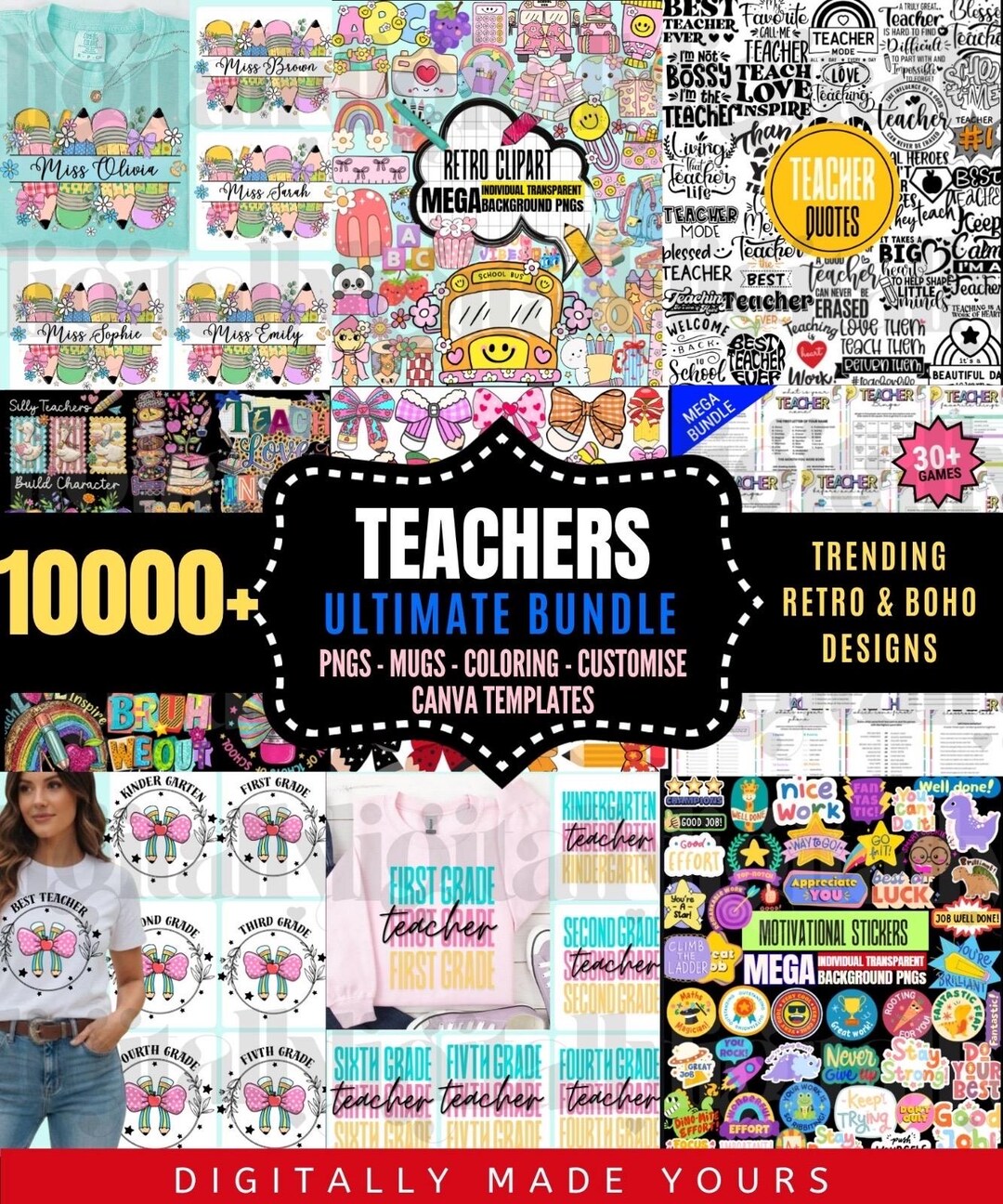 Boho Retro Teacher PNG Bundle | Aesthetic Classroom Clipart, Cute ...