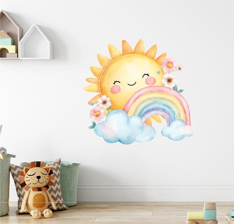 Sun and Rainbow Wall Decal Nursery Decor Watercolor Art Kids Room Wall ...