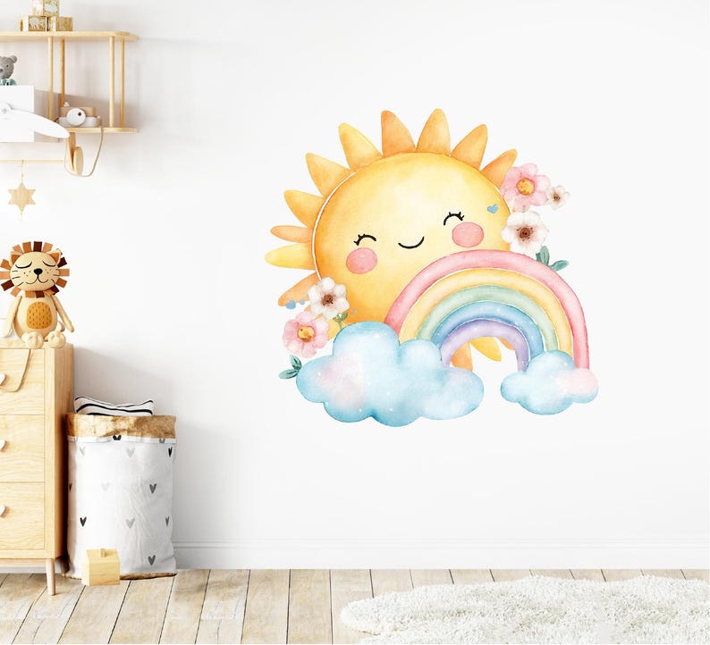 Sun and Rainbow Wall Decal Nursery Decor Watercolor Art Kids Room Wall ...