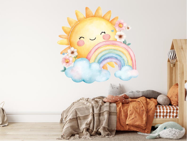 Sun and Rainbow Wall Decal Nursery Decor Watercolor Art Kids Room Wall ...