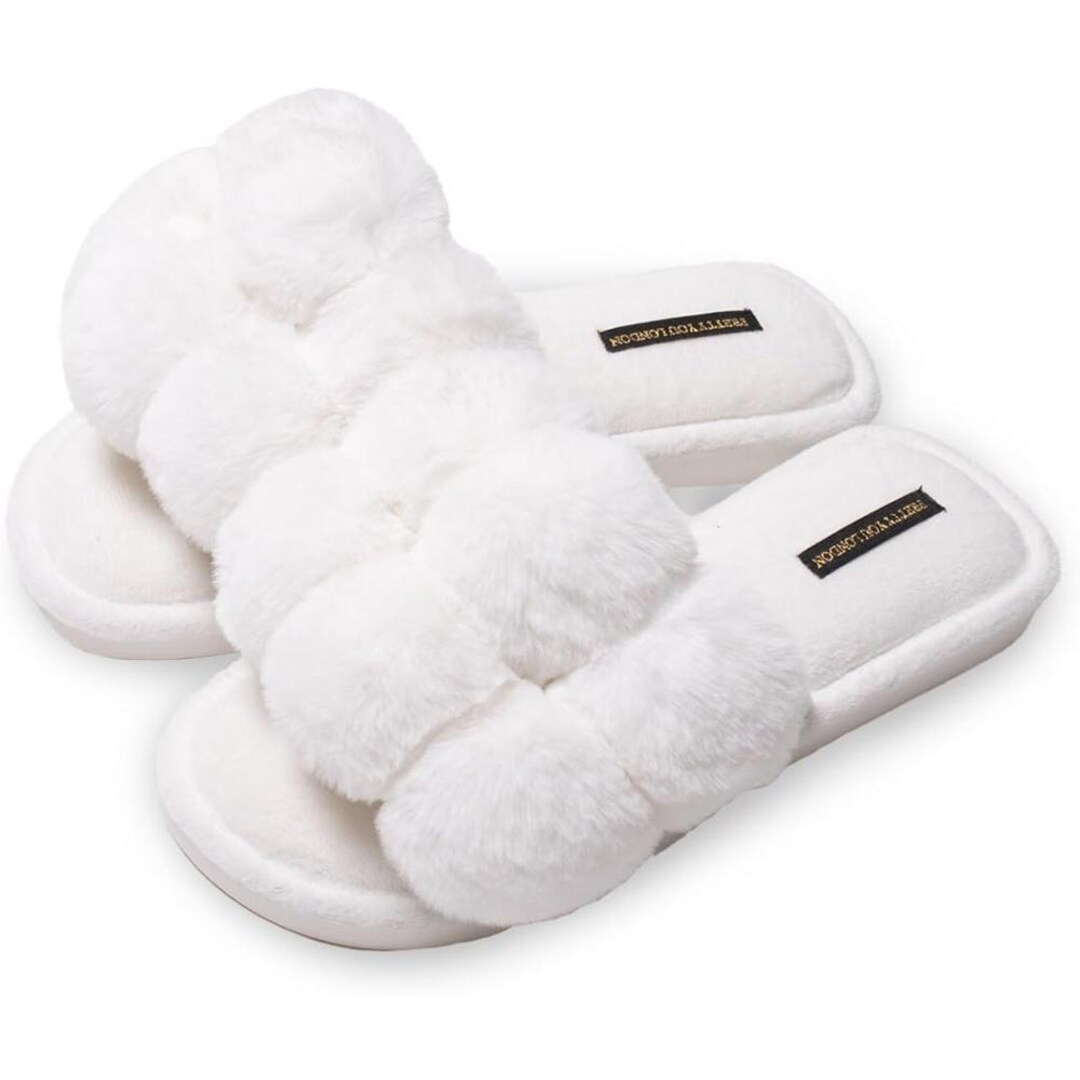 Pretty You London E6 Women's Slider Slipper Pom-poms Dolly White ...