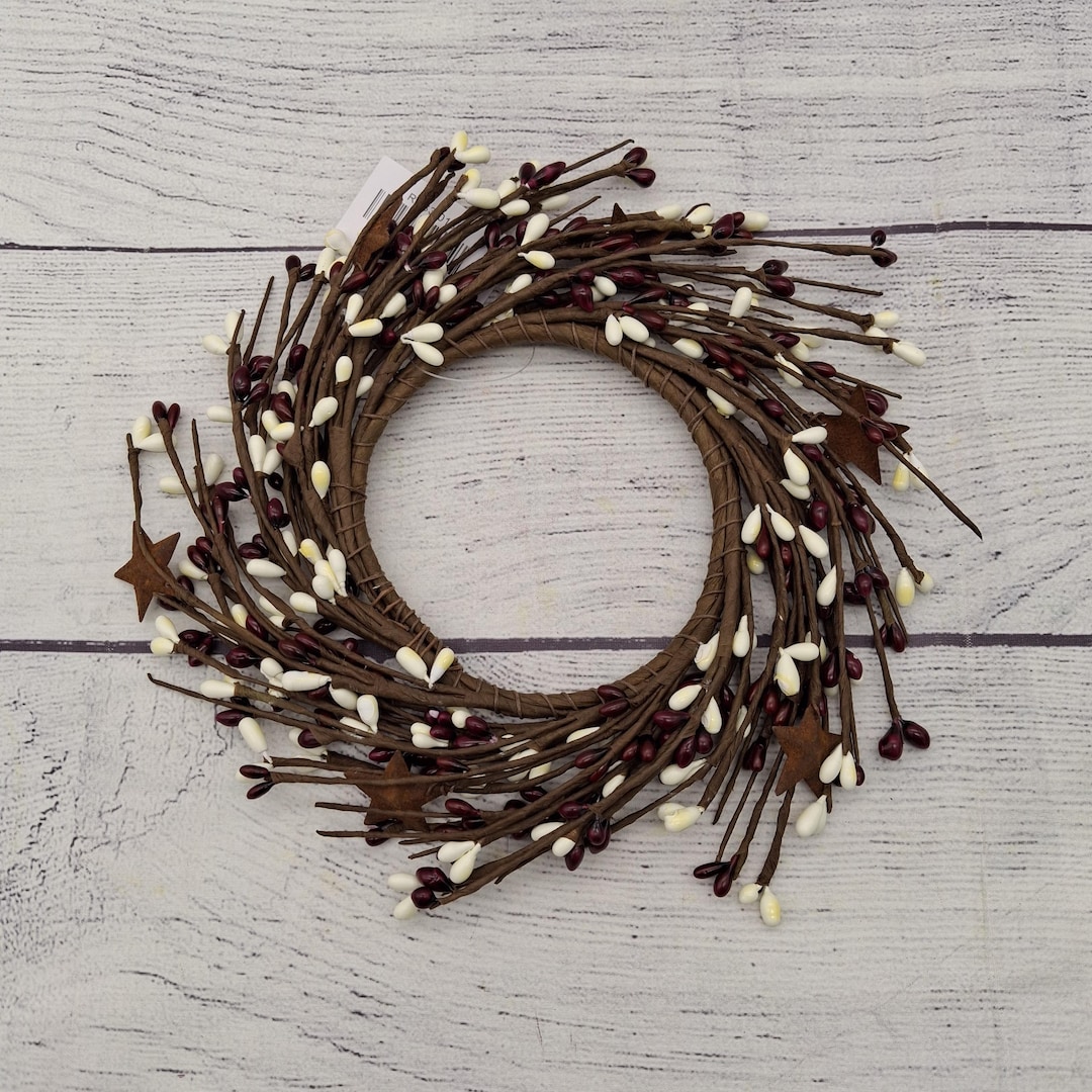 3.5" Burgundy and White Pip Berry and Rusty Stars Taper Candle Ring ...
