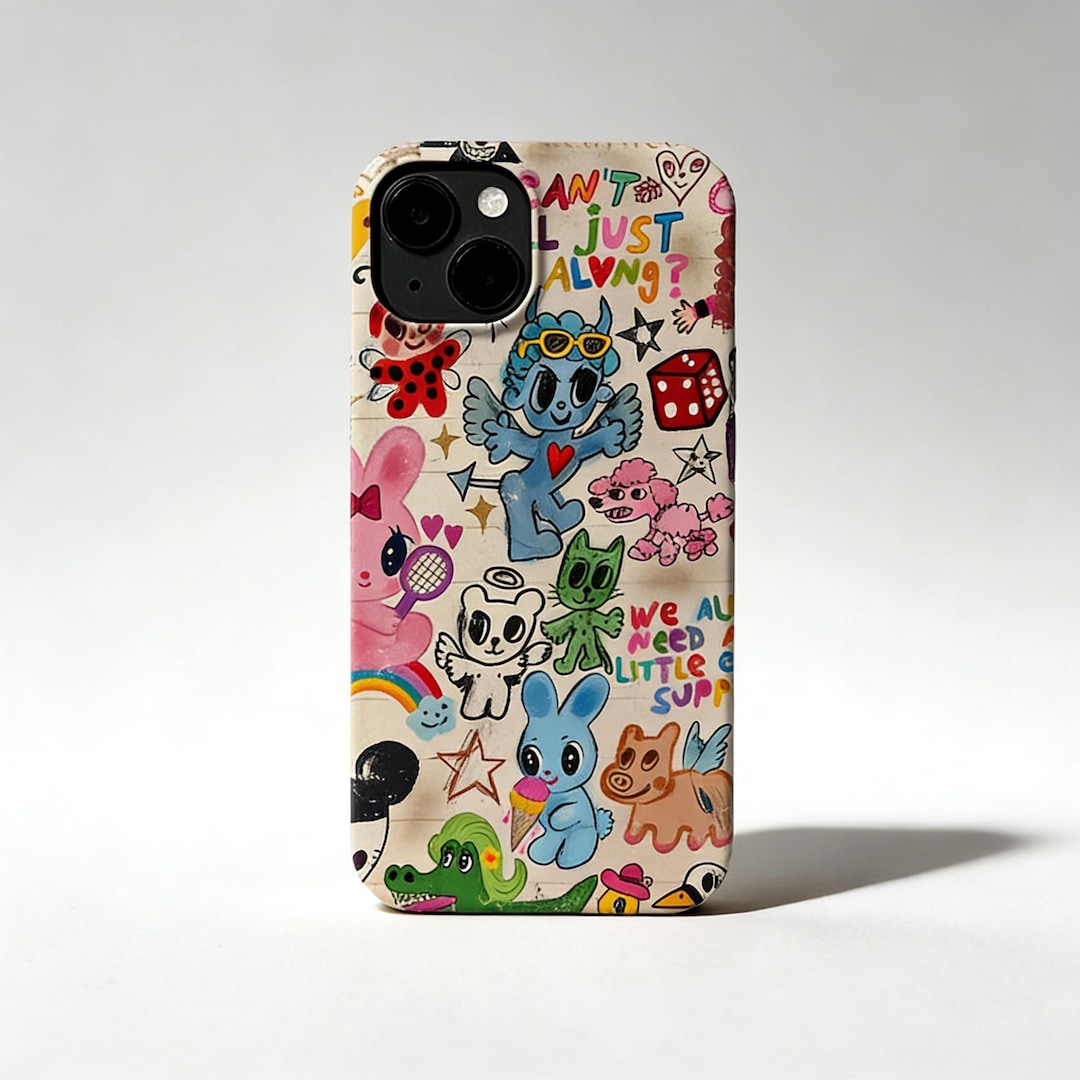 Y2K Maximalist Cartoon Doodle Phone Case, Colorful Kawaii Animal ...