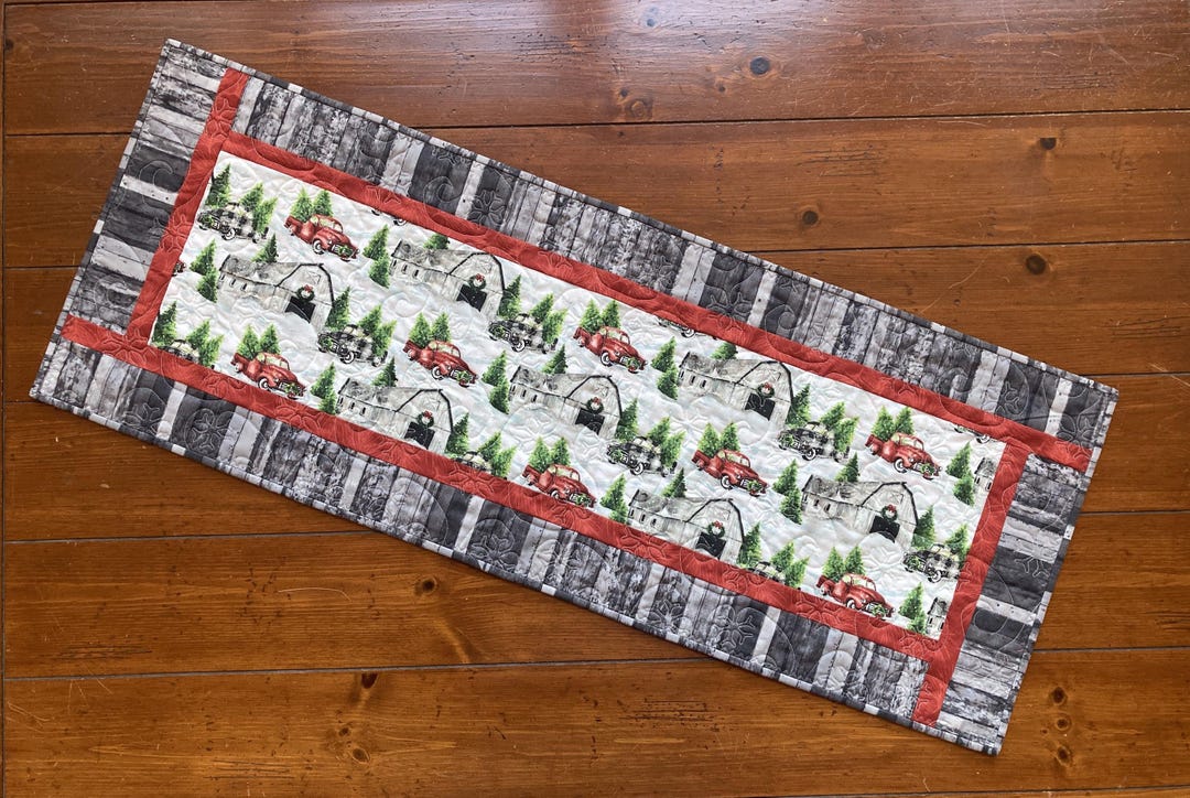 Red Truck Gray Quilted Table Runner - Etsy