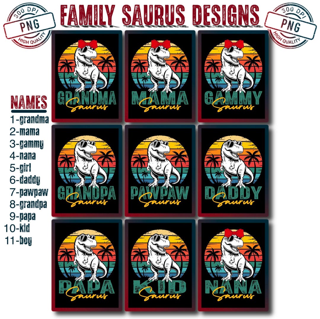Funny Family Saurus Dinosaur PNG Bundle: Retro T-rex Clipart (digital ...