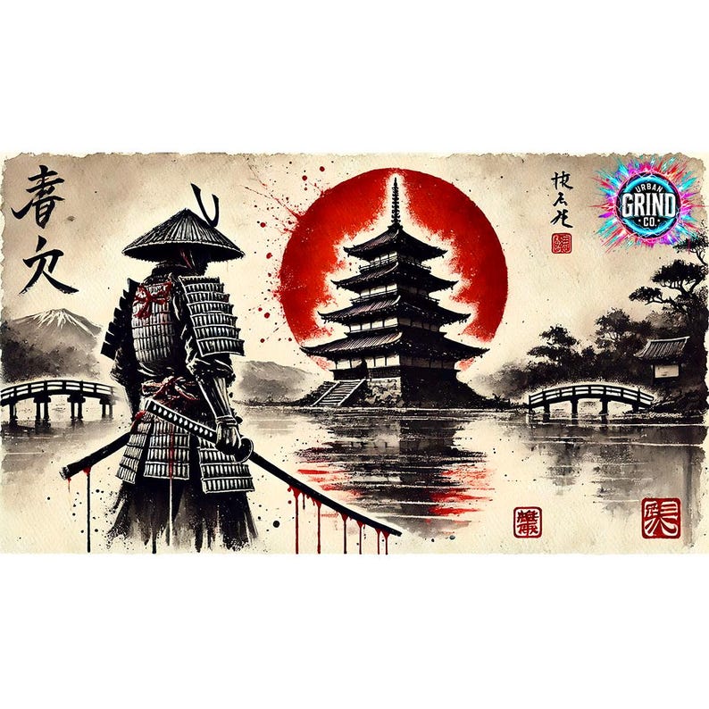 Samurai Wall Art #20 — Bridge to the Pagoda, Sunset Sun | Digital ...