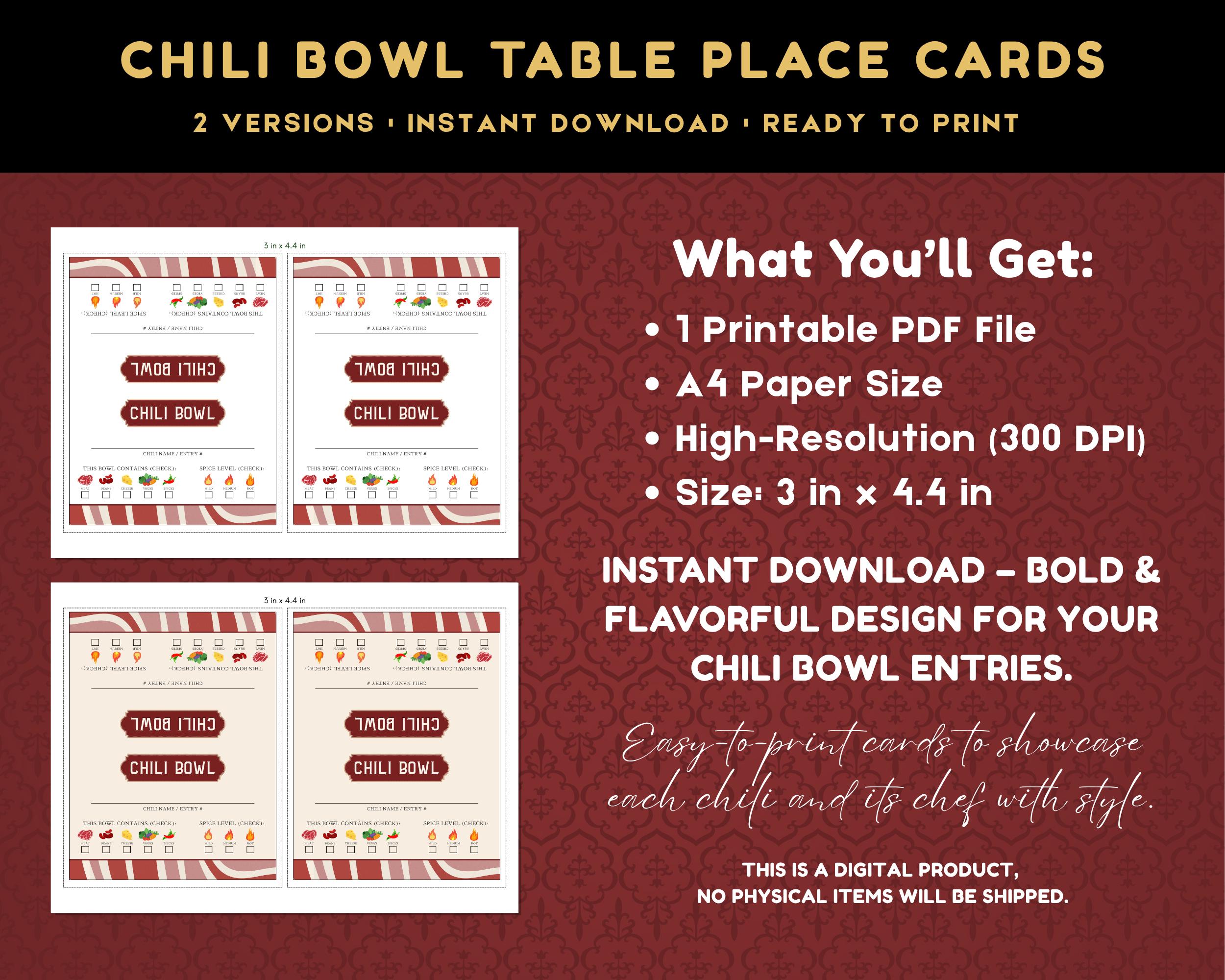 Chili Cook off Table Place Cards, Printable Chili Bowl Tent Cards ...