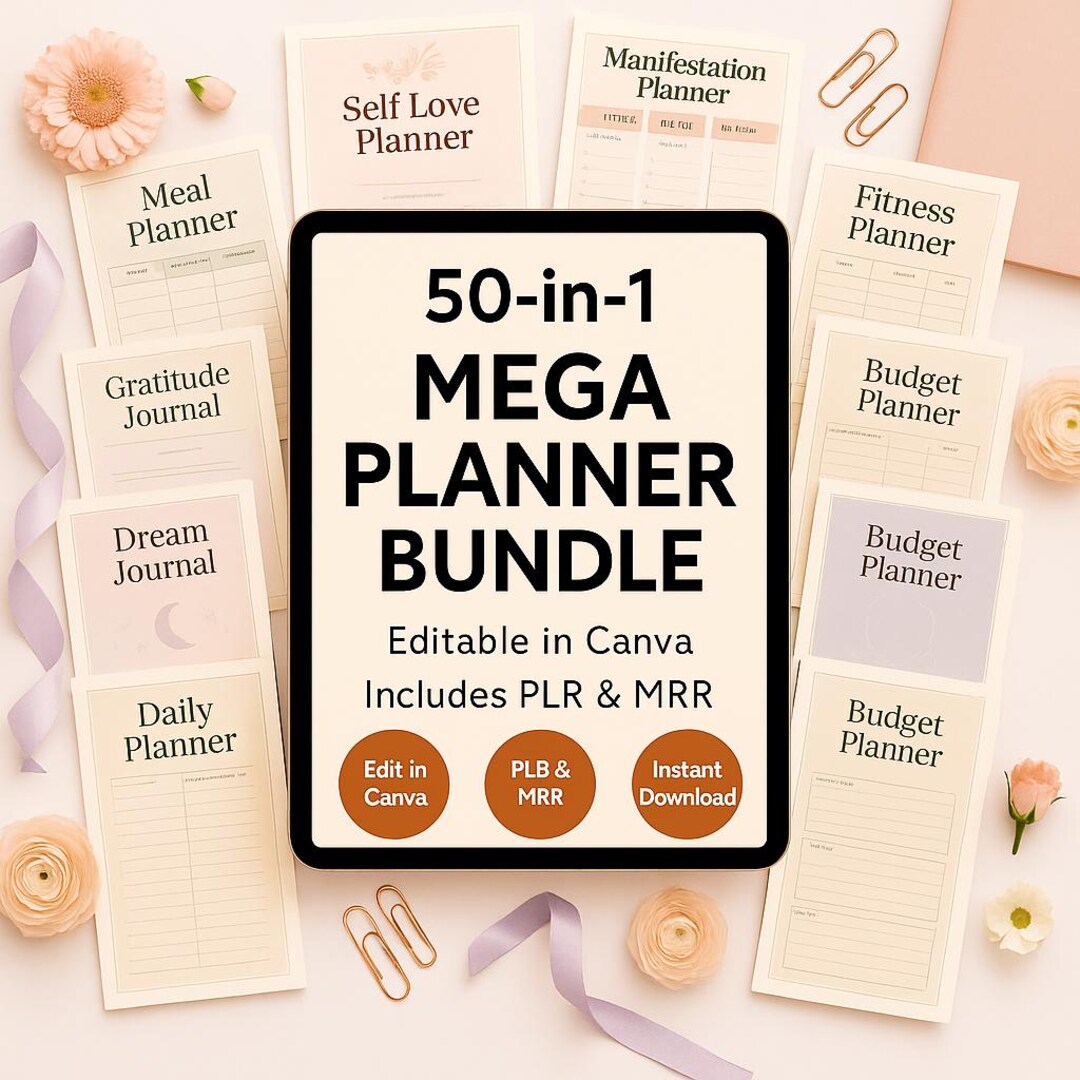 50 Editable Planner Templates: Canva Journals, Trackers, Calendars (PLR ...