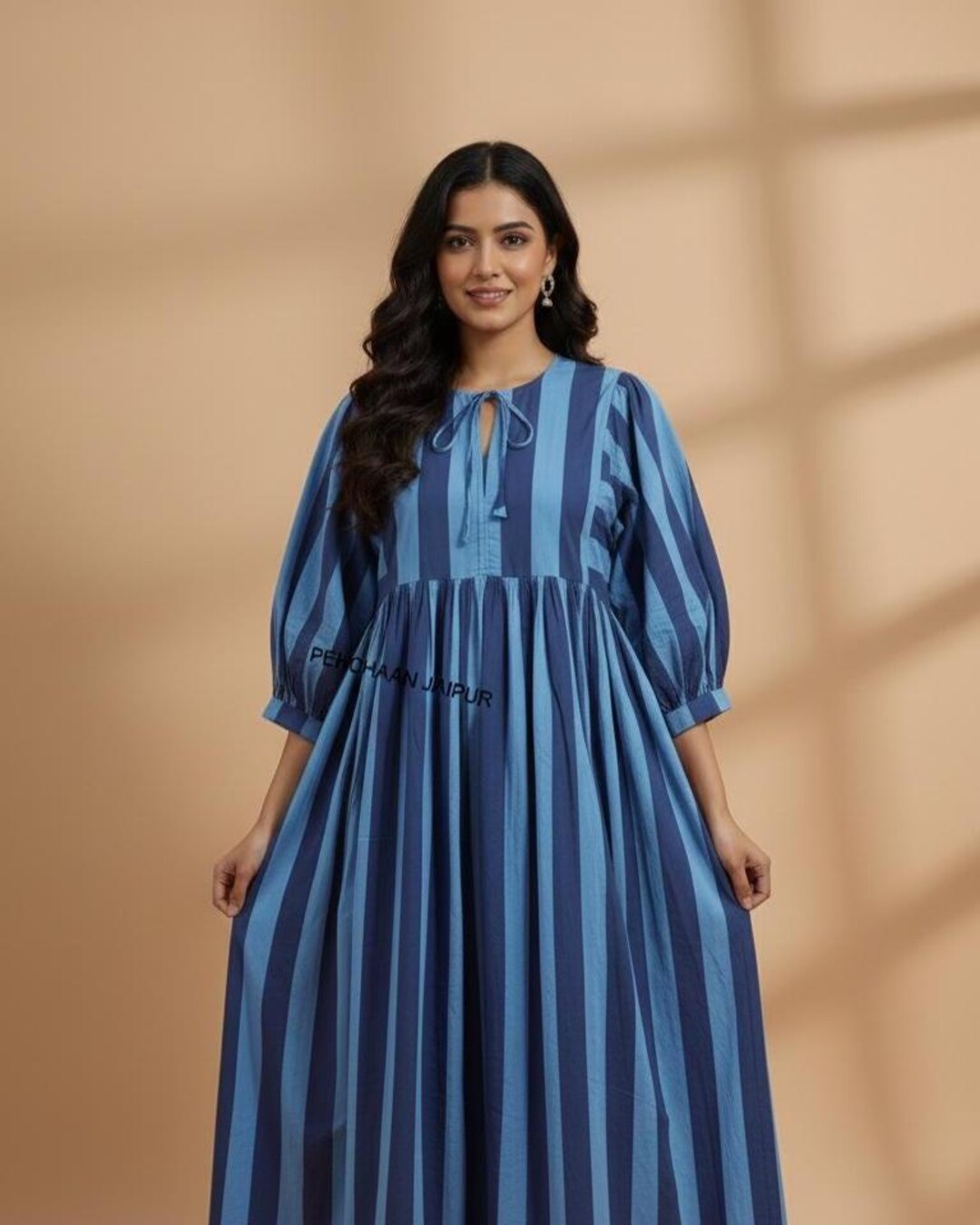 Blue Stripe Cotton Midi Dress – Hand Block Print, Indian Summer Dress ...