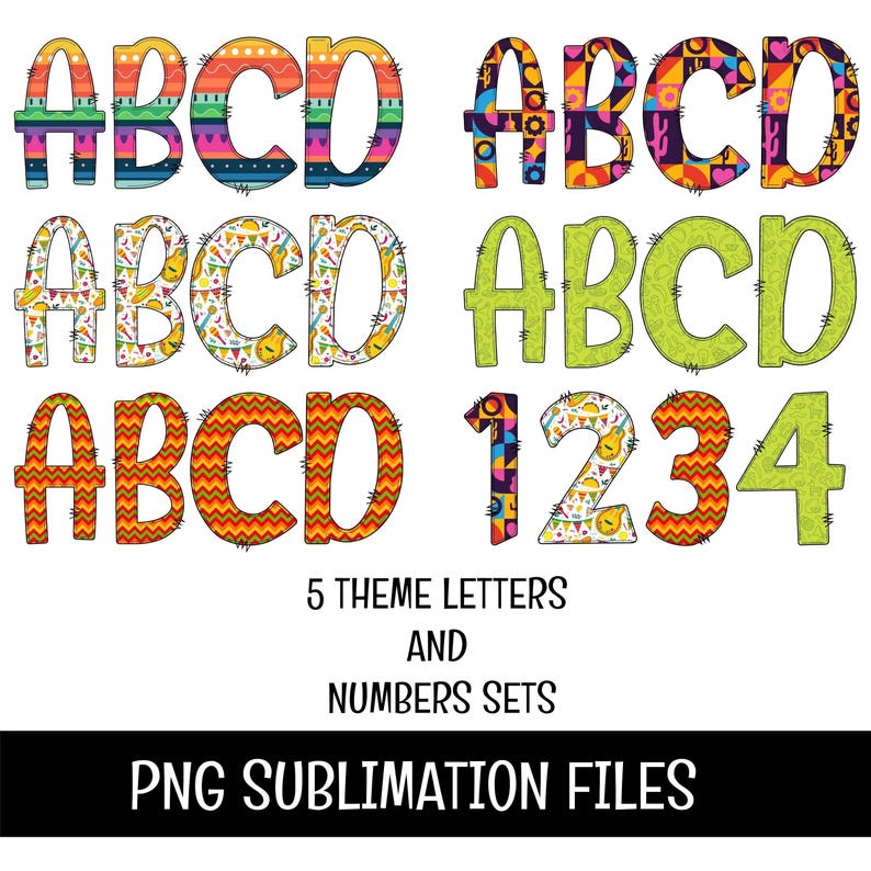 Fiesta Doodle Alphabet Letters, Numbers PNG Clipart Bundle Instant ...