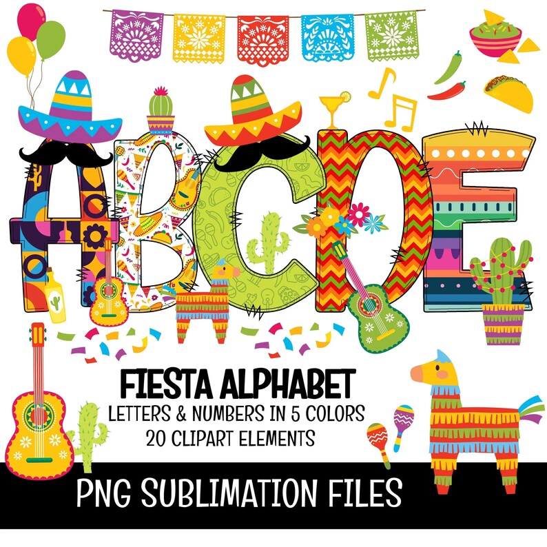 Fiesta Doodle Alphabet Letters, Numbers PNG Clipart Bundle Instant ...