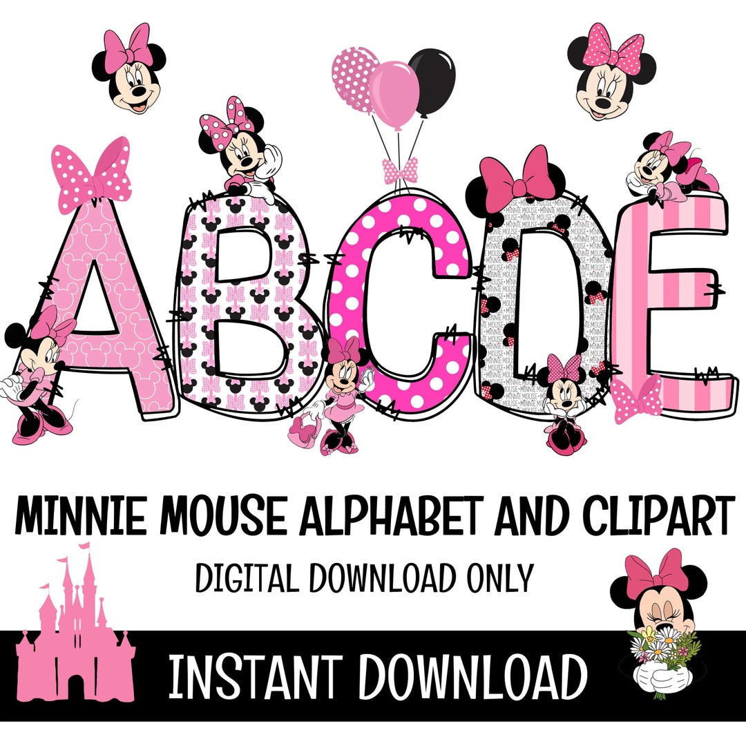 Minnie Mouse Doodle Alphabet Letters, Numbers PNG Bundle Instant ...