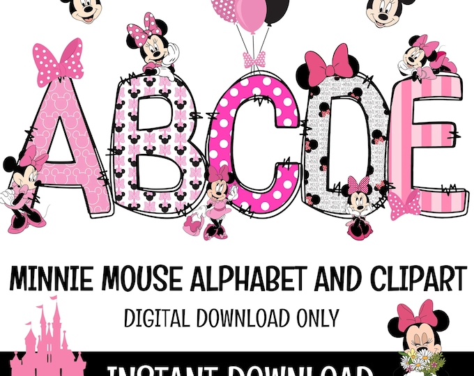 Minnie Mouse PINK Alphabet Hand-drawn Clipart Letters and Numbers, Pink ...