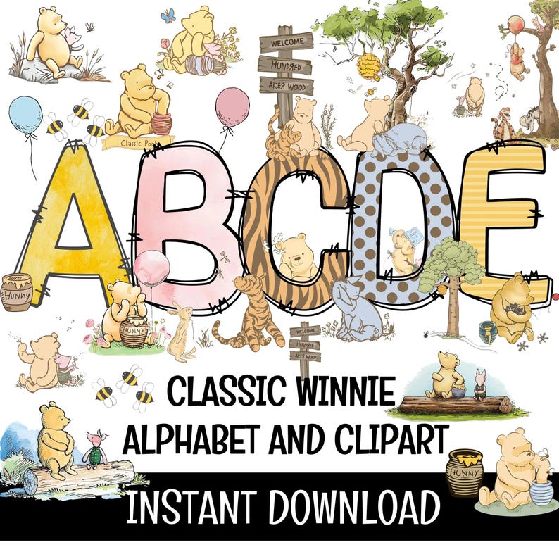 Classic Winnie the Pooh Doodle Alphabet Letters PNG Bundle Instant ...