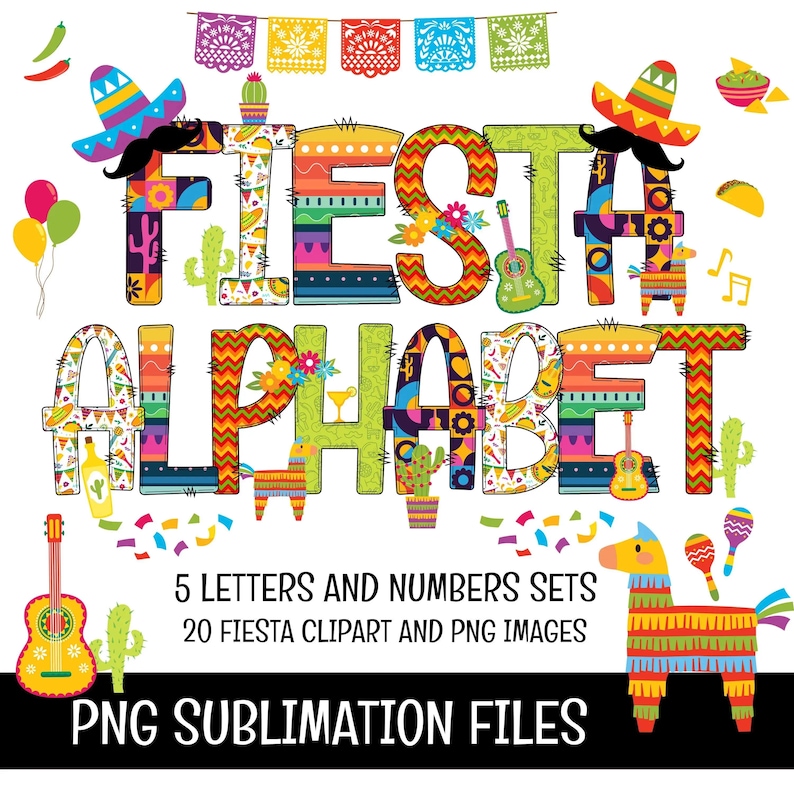 Fiesta Doodle Alphabet Letters, Numbers PNG Clipart Bundle Instant ...