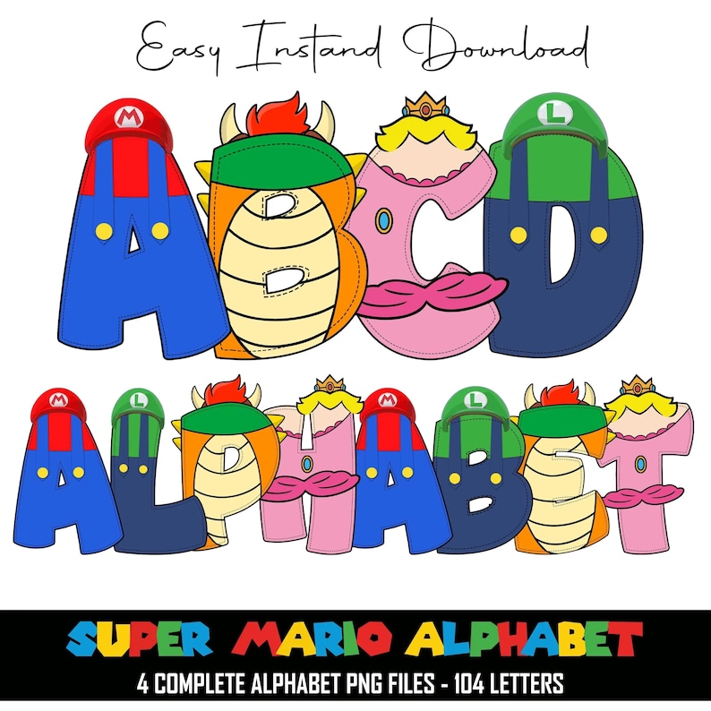 Mario Doodle Alphabet Letters PNG Bundle Instant Download - Etsy
