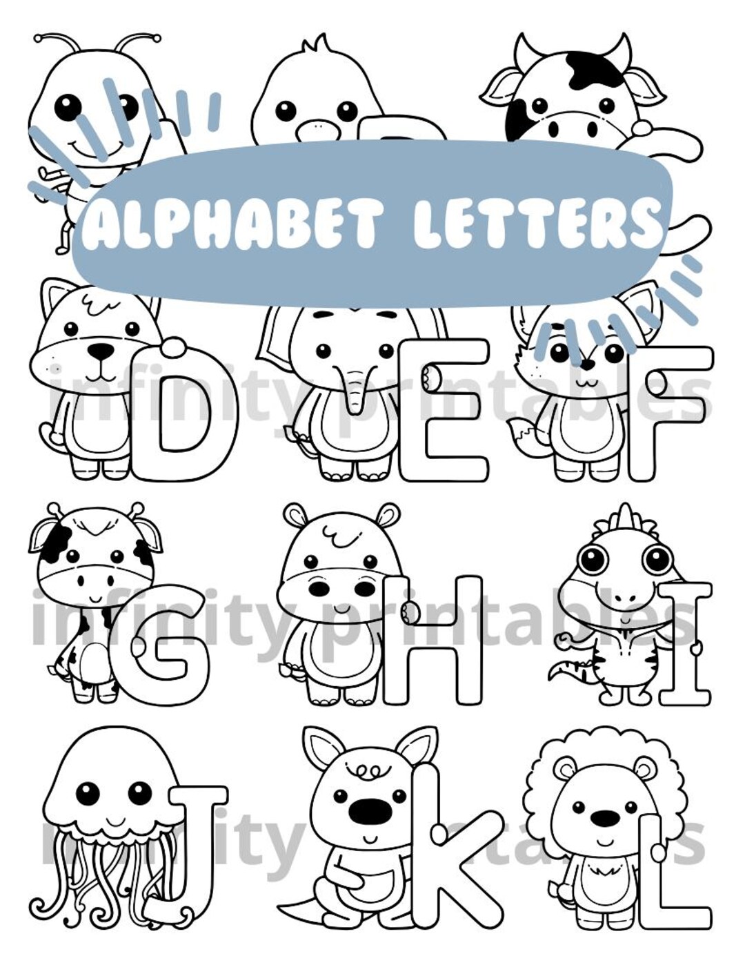 Kids Coloring Book: 20+ Animals, Alphabet, Numbers (digital Download ...