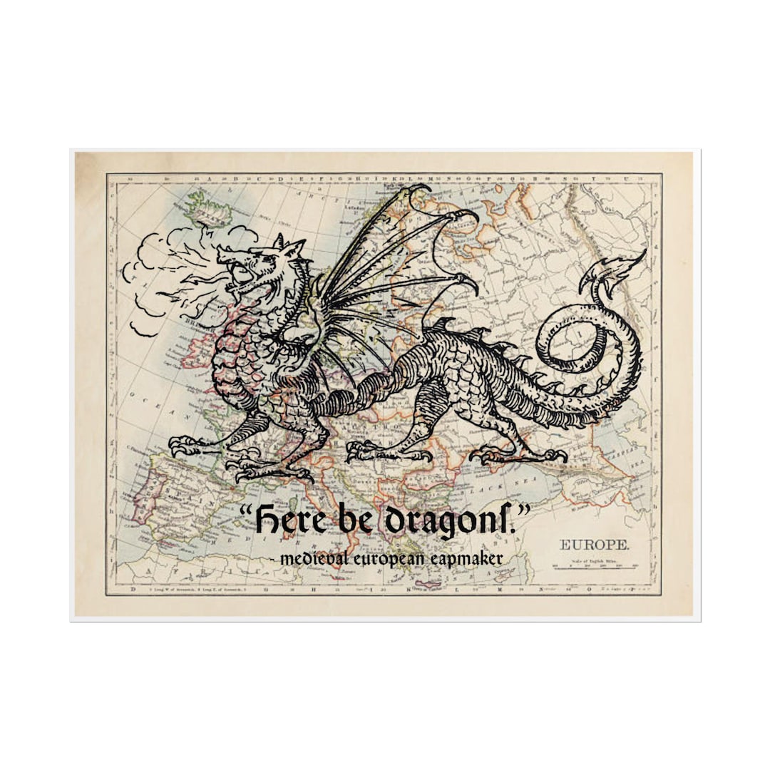 Medieval Dragon Art Print: Vintage Map Woodcut, Fantasy Wall Decor - Etsy