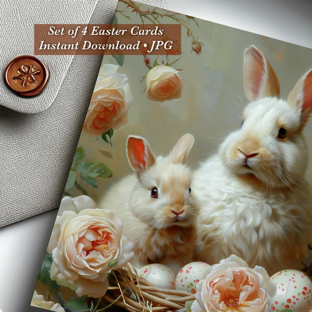 Printable Easter Cards Set, Bunny Rabbit Greeting Cards, Instant ...