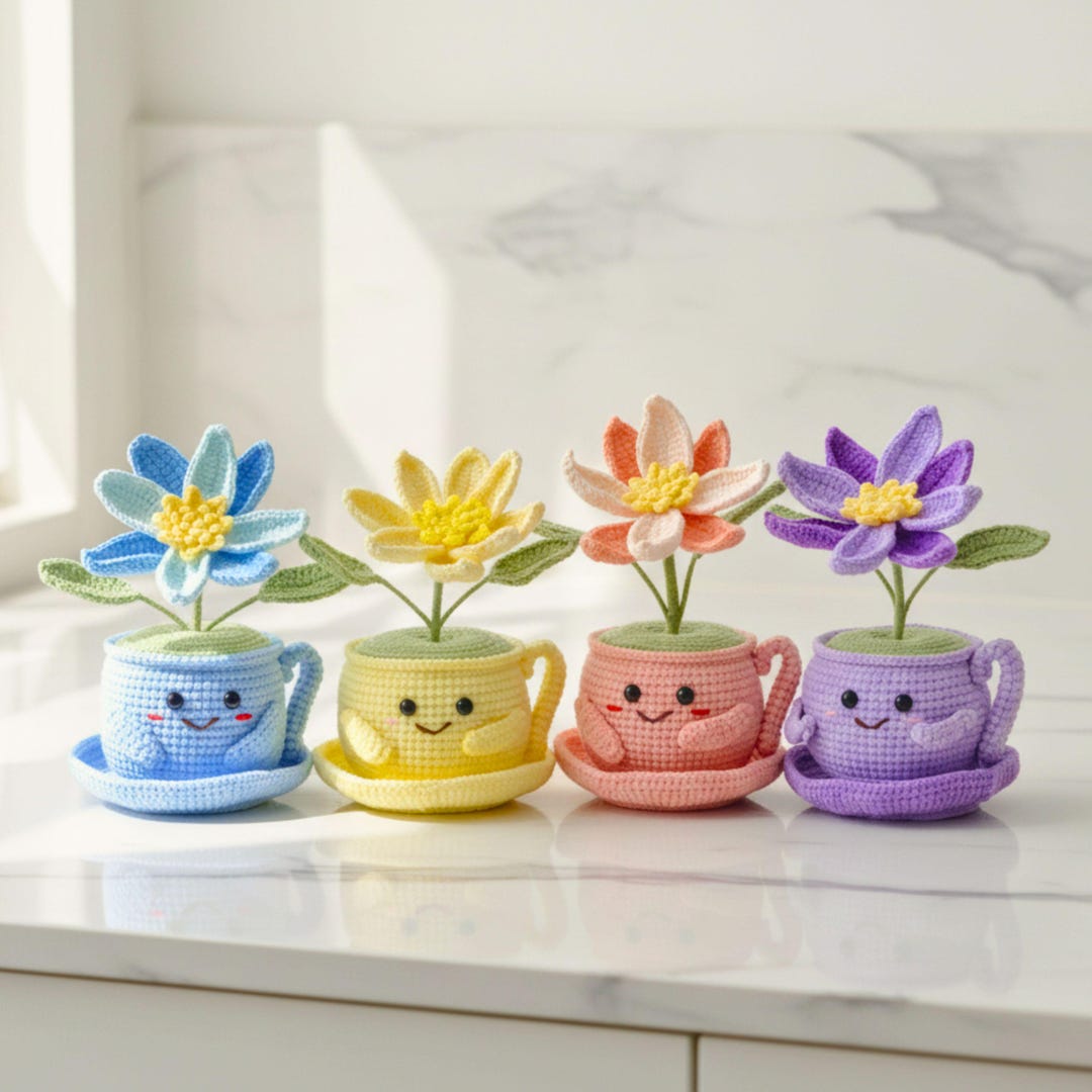 Crochet Teacup Flower Pot - Plush Crochet Lily Bloom Desk Decor for ...