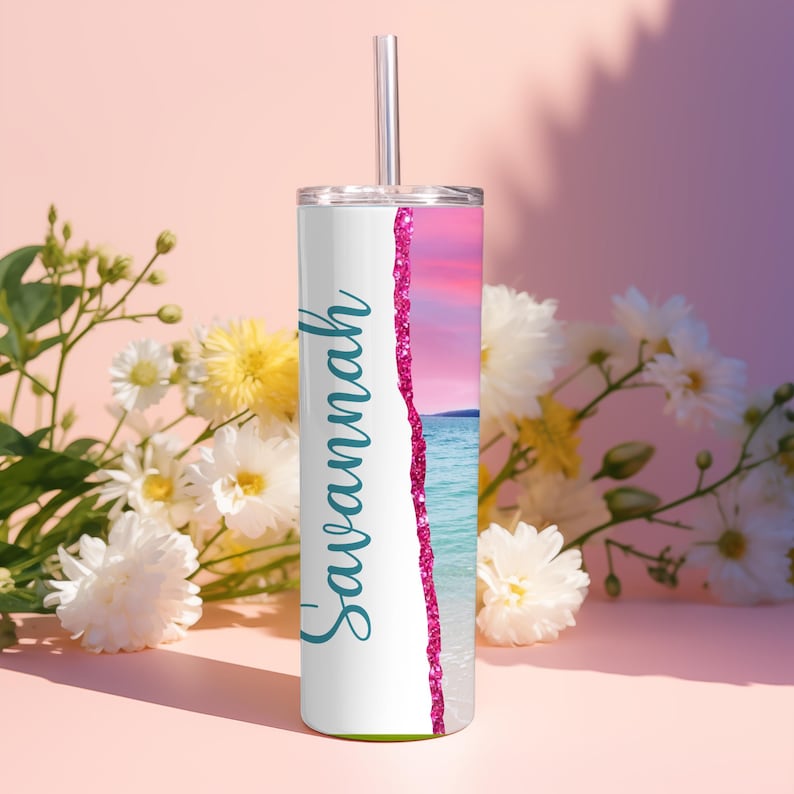 Personalizable Pink Glitter Beach Tumbler Wrap, Name Text, Ocean Sunset ...