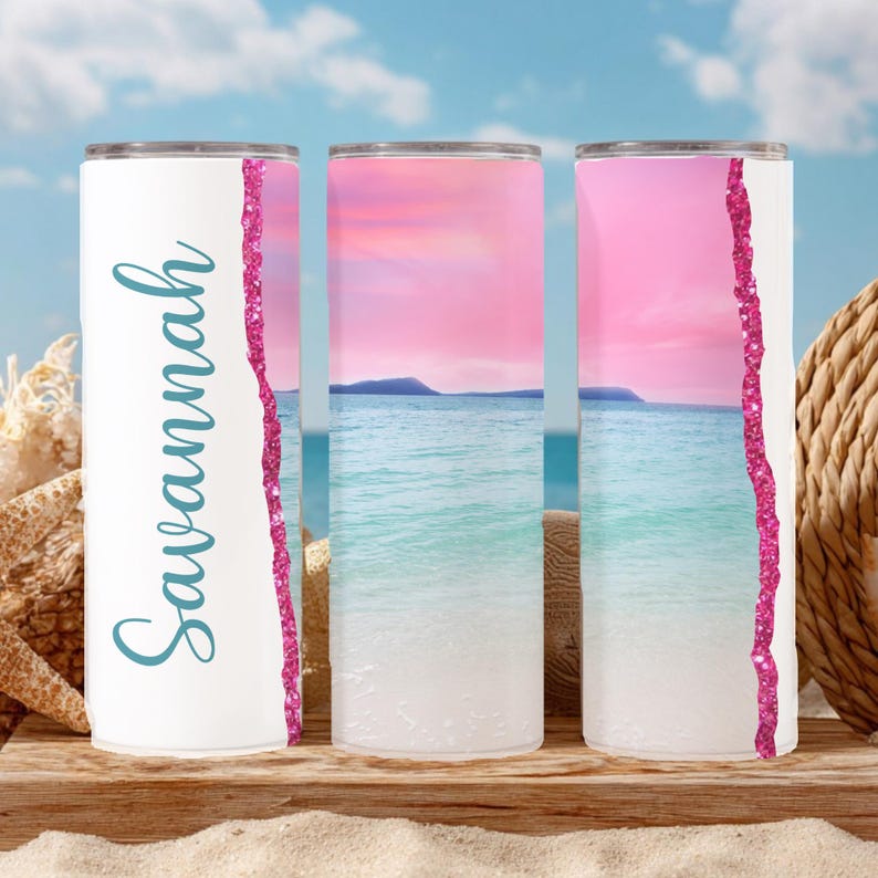 Personalizable Pink Glitter Beach Tumbler Wrap, Name Text, Ocean Sunset ...