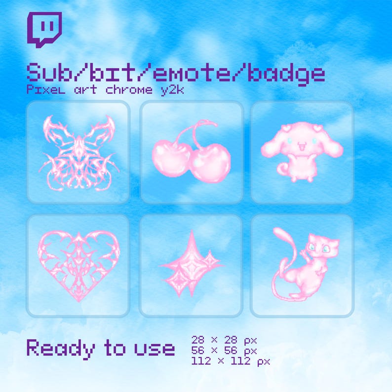 Y2K Chrome Pixel Pink Twitch Emotes Pack | Metallic Icons | Sub/Bit ...