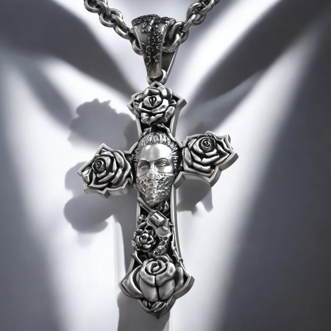 Chicano Rose Cross Pendant, Urban Tattoo Necklace, Skull Detail Jewelry ...