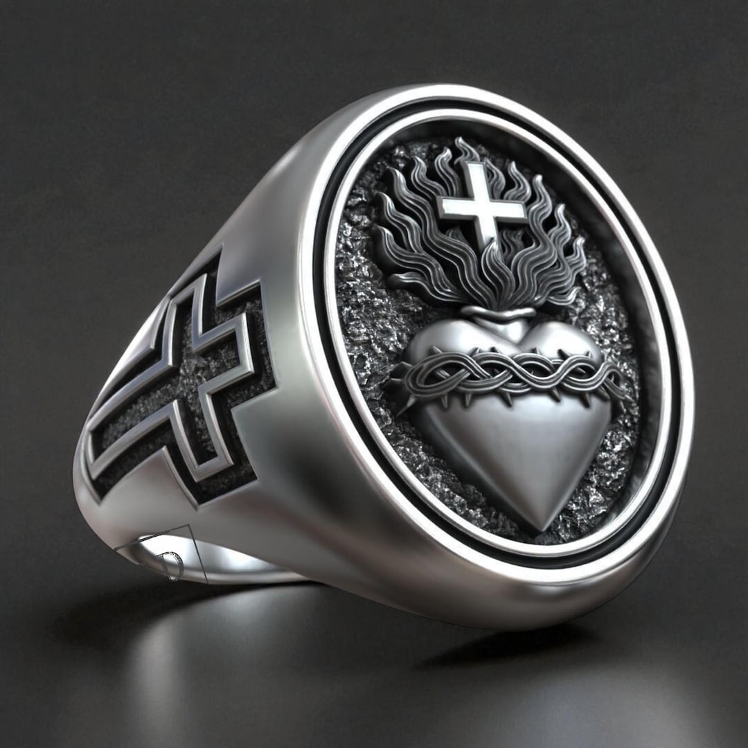 Sacred Heart Silver Ring, Flames and Crosses (men's Signet) - Etsy