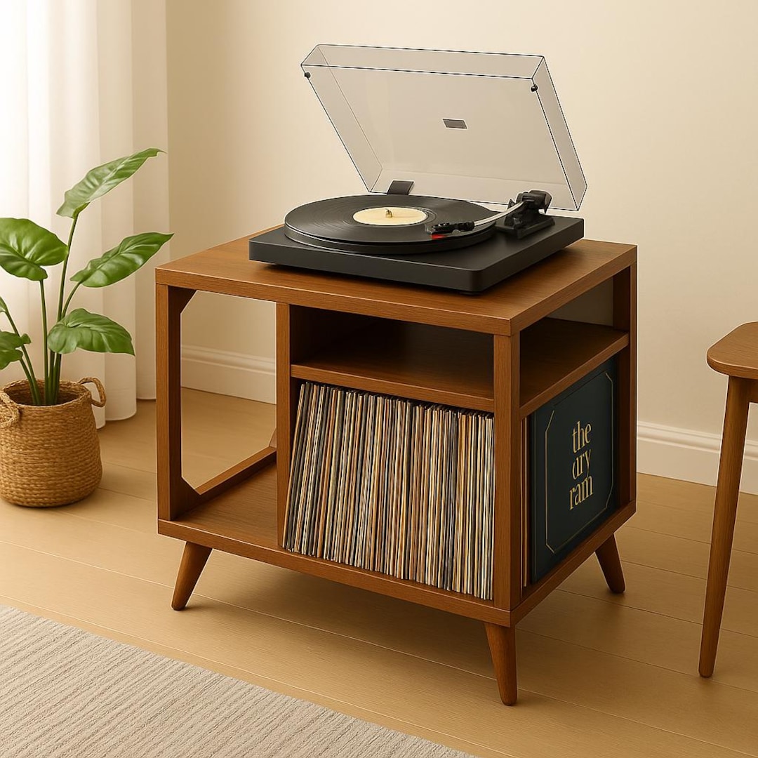 Mid Century Modern Record Player Stand With Vinyl Record Storage ...