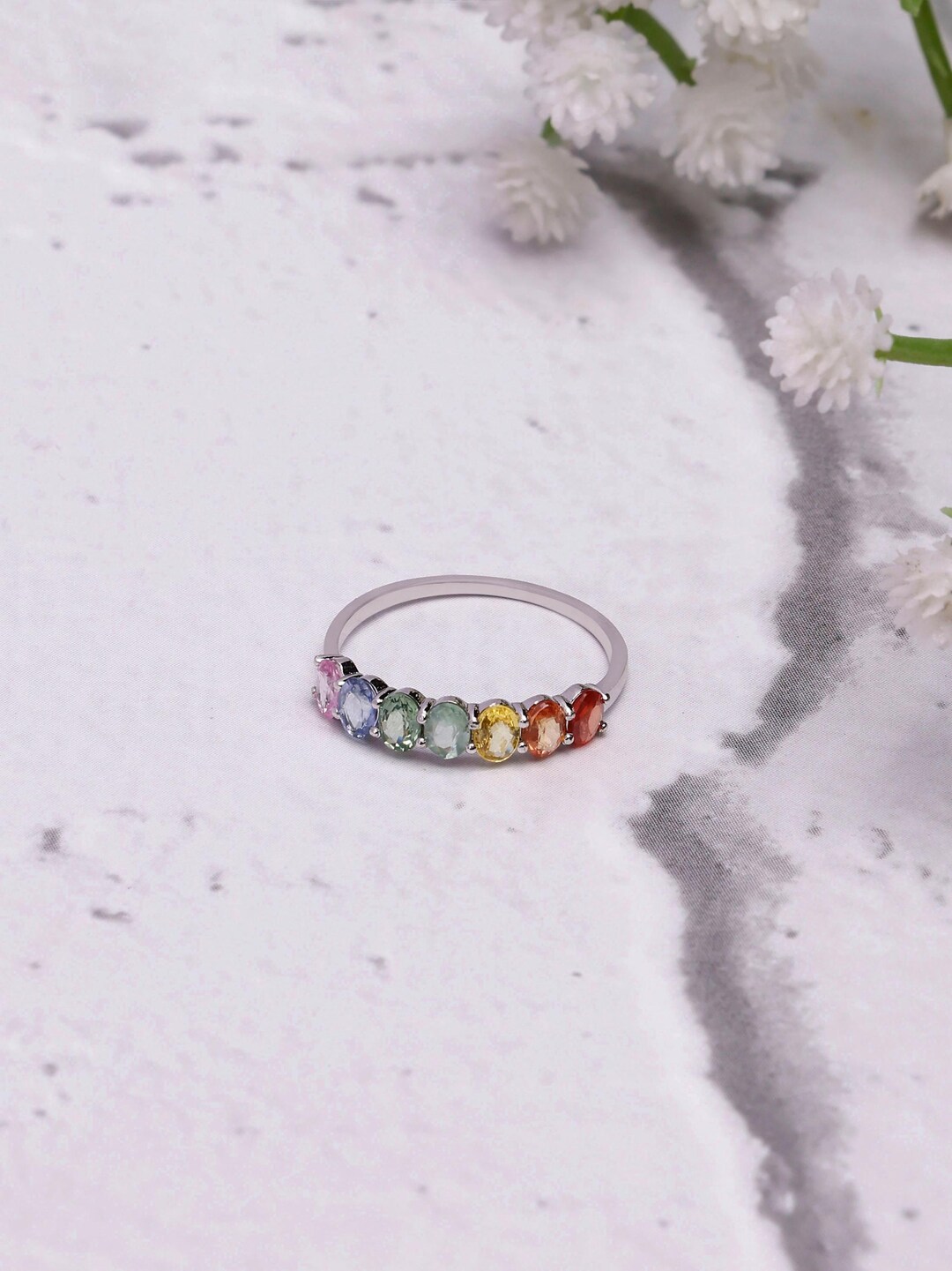 Multi Sapphire 14K Gold Rainbow Ring Band 14k Solid Gold Natural Multi ...
