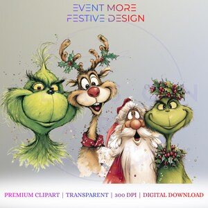 Whimsical Green Critter Clipart - Grinch-inspired Character & Santa ...